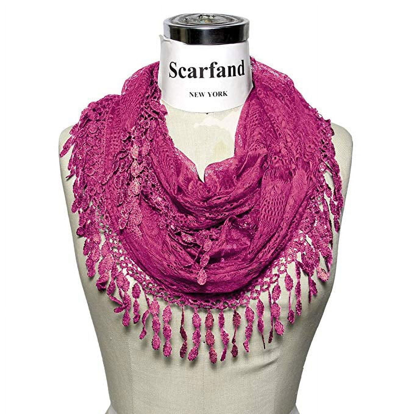 Women's Delicate Lace Infinity Scarf with Teardrop Fringes (Fuchsia ...