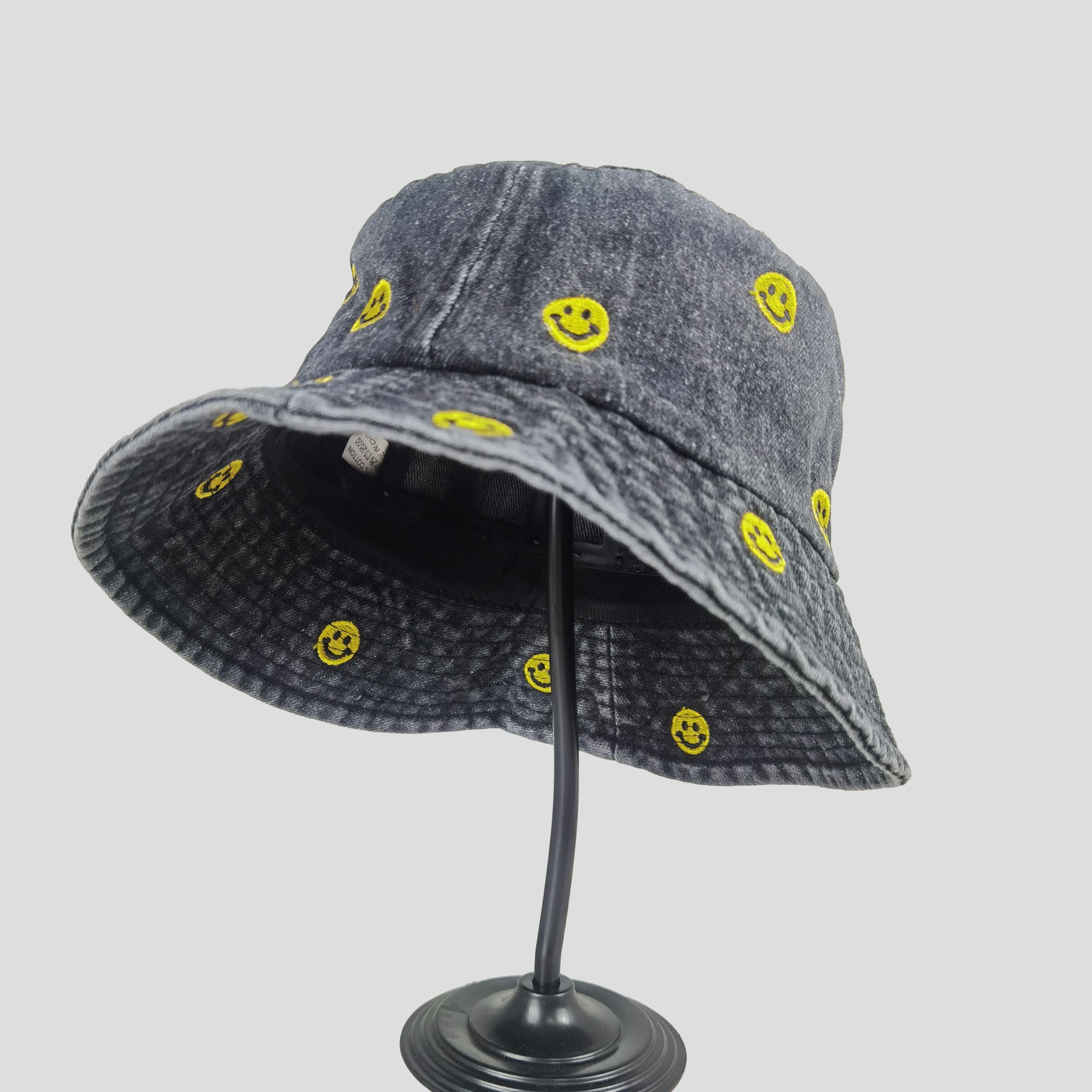 Women's Denim Bucket Hat Foldable with Smiley Face Embroidery- Black ...