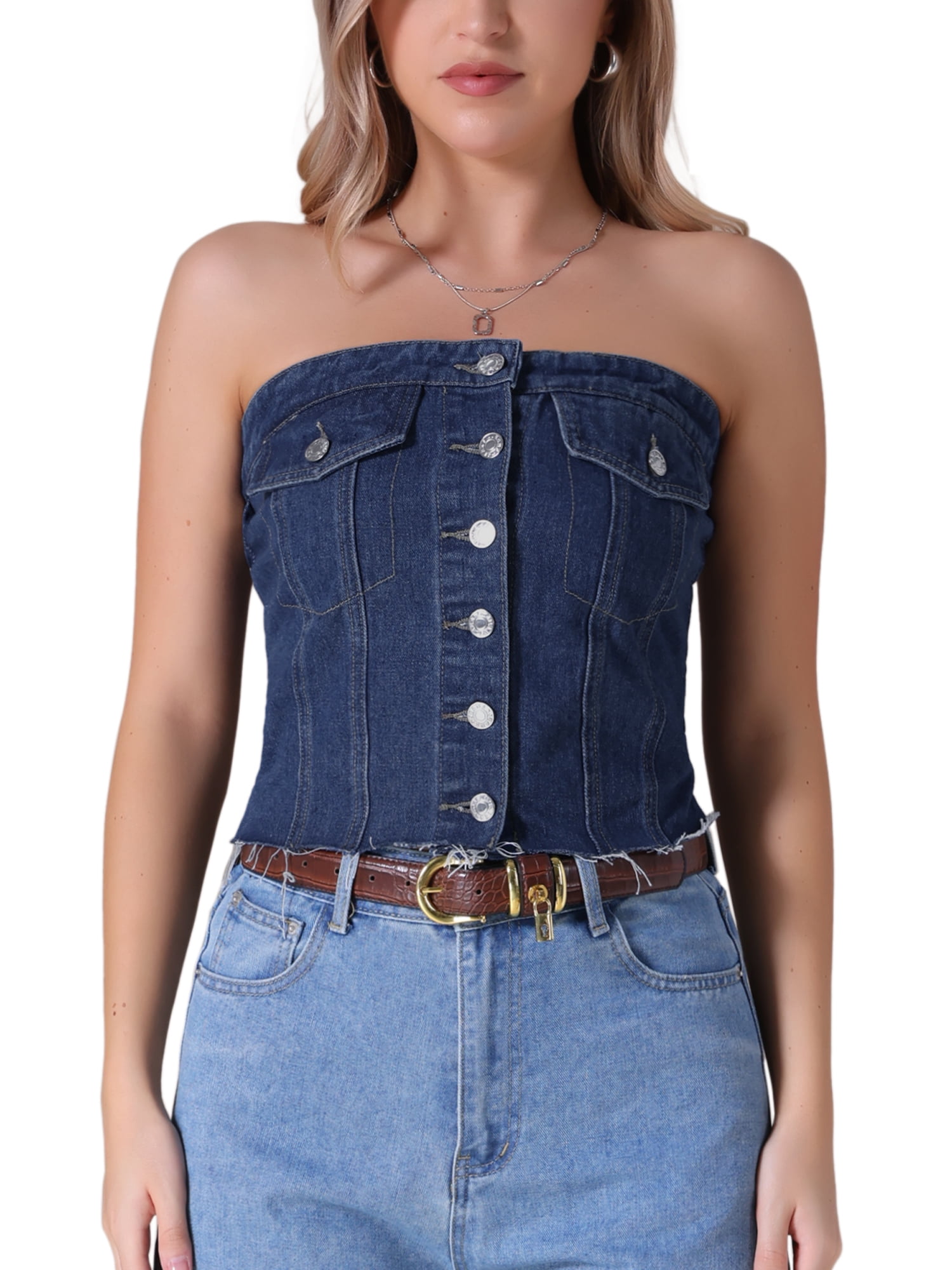 INSPIRE CHIC Women's Denim Corset Top Button Front Raw Hem Smocked Back ...