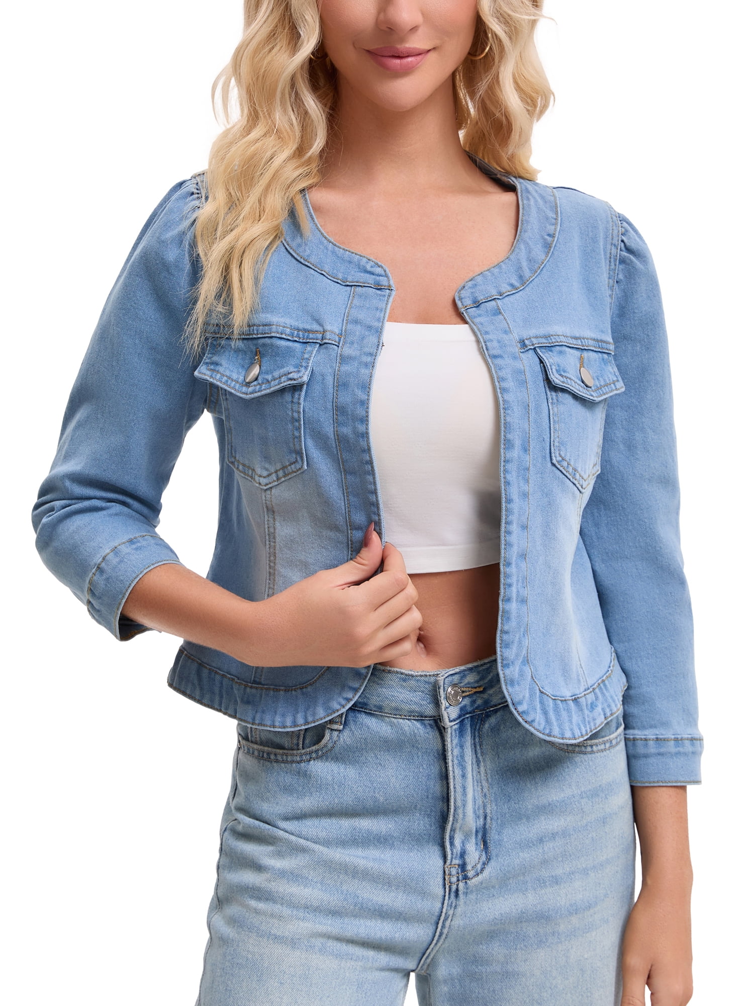 INSPIRE CHIC Women's Denim Jacket Collarless 2026 Cardigan Long Sleeve ...