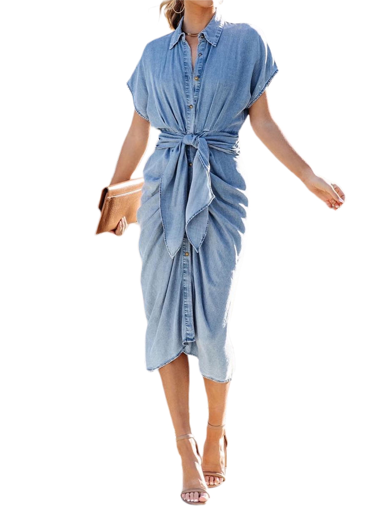 Womens Denim Midi Dress Summer Short Sleeve Denim Shirt Dress Ruched Belted Denim Button Down