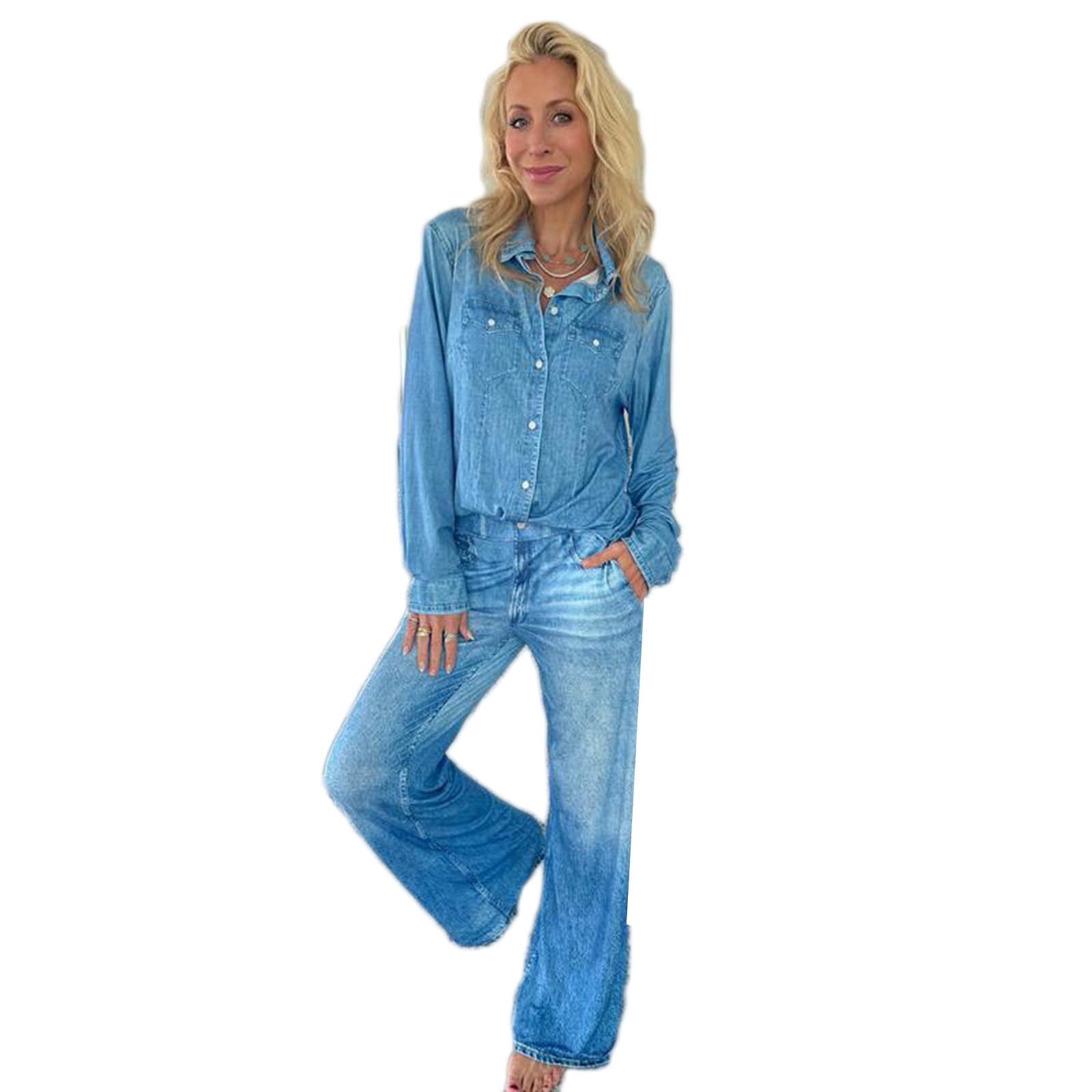 Women's Denim Pajamas Set Soft Stretch Denim PJs for Women with Relaxed ...