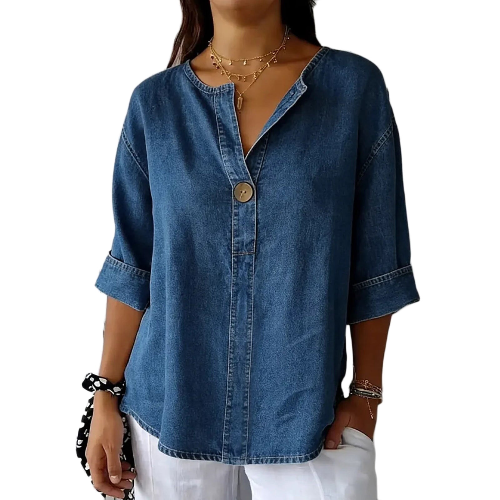 Women's Denim Shirt, Casual Loose Fit 3/4 Sleeve Blouse, V Neck Top ...