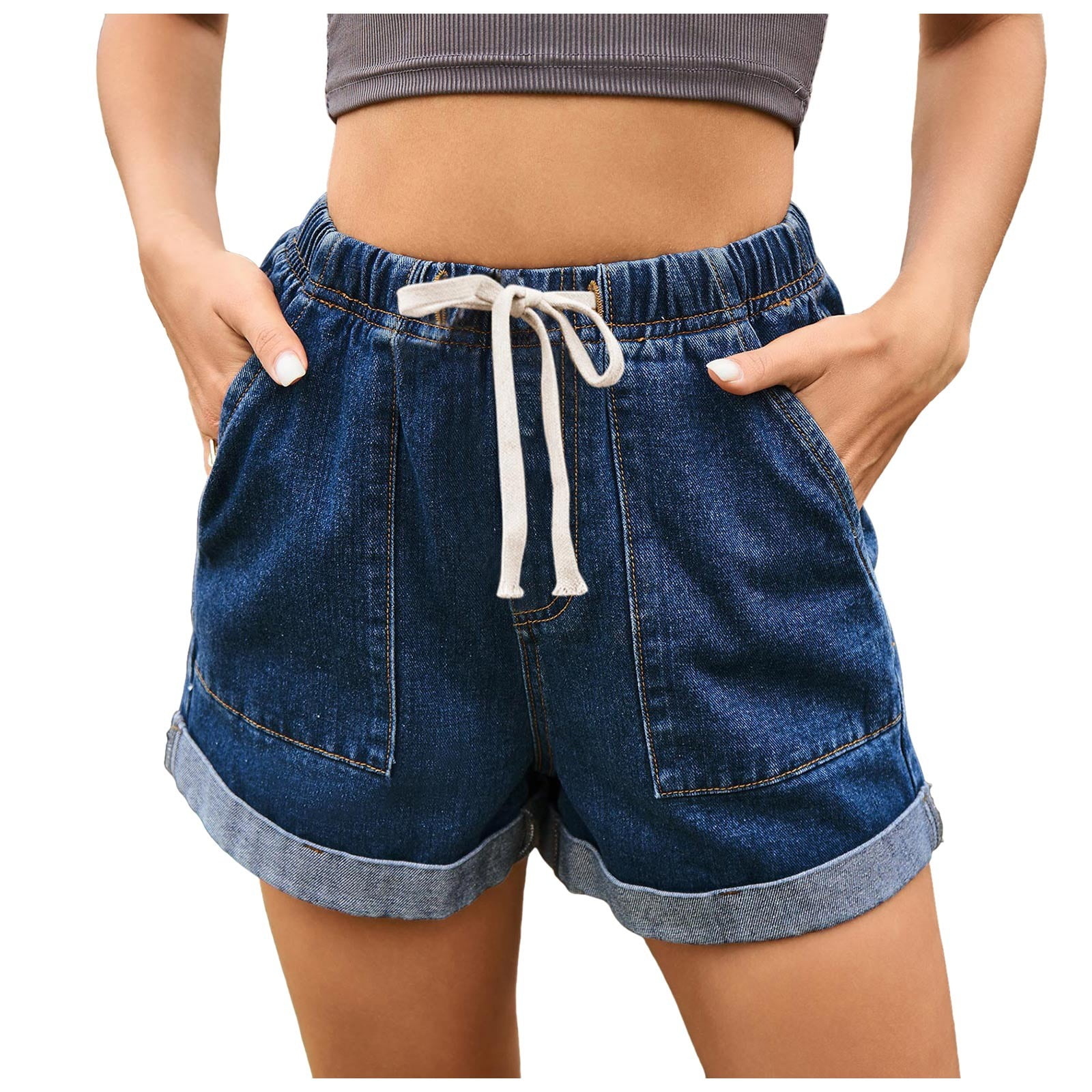 Women's Denim Shorts Elastic Waist Drawstring Loose Jean Shorts Summer ...