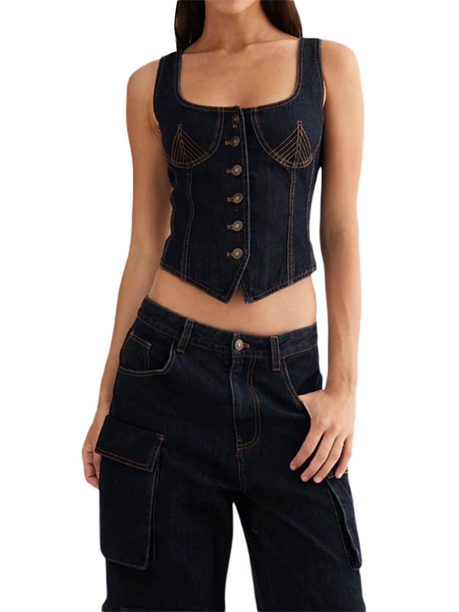 Women's Denim Tank Tops Slim Square Neck Sleeveless Backless Button ...