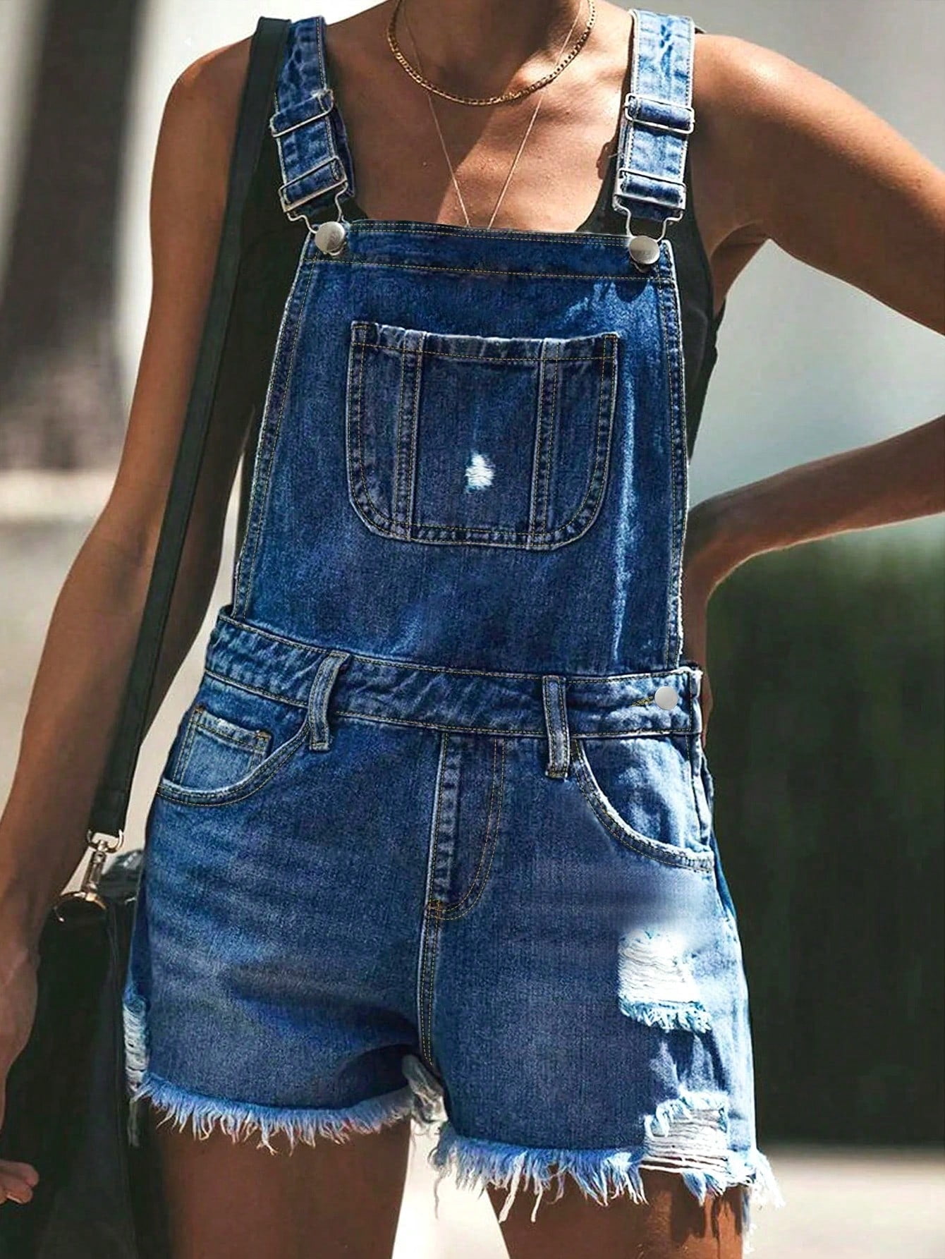 Women's Distressed Denim Overall Shorts Vintage Wash Frayed Hem ...