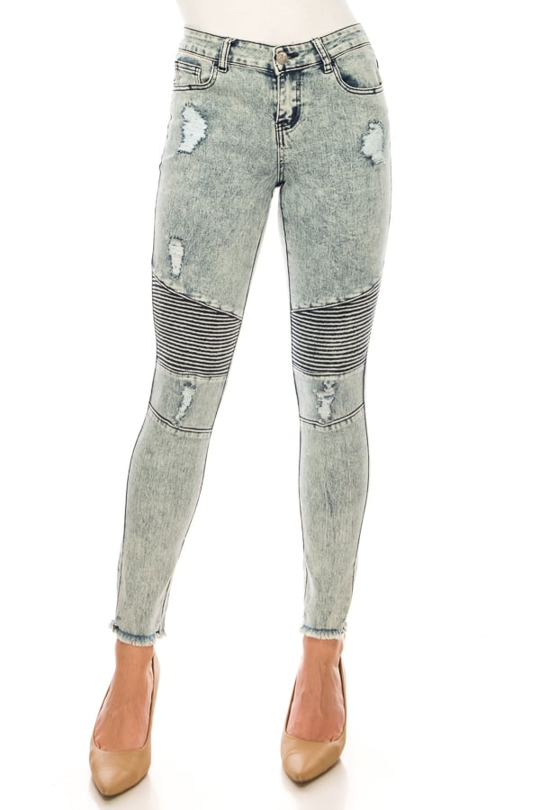 Women's Distressed Moto Jeans, Acid Wash Denim, Frayed Hem, Ribbed Knee ...