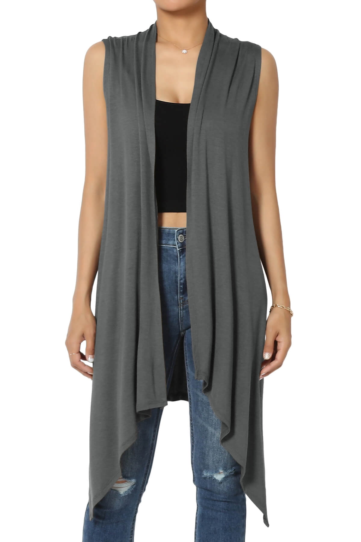 Women's Draped Jersey Open Front Sleeveless Cardigan Waterfall ...