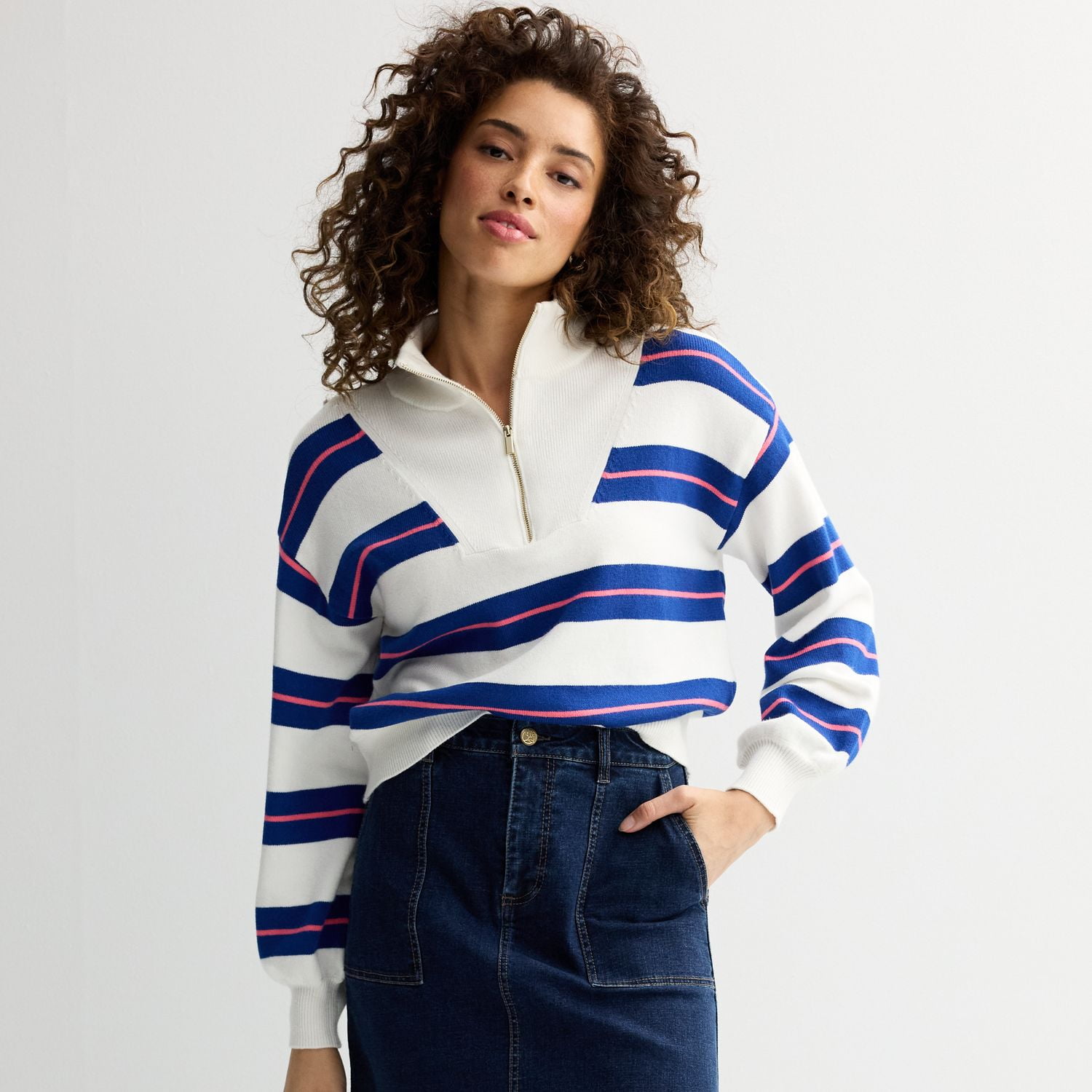 Women's Draper James Quarter Zip Pullover Sweater Color: Blue Pink ...