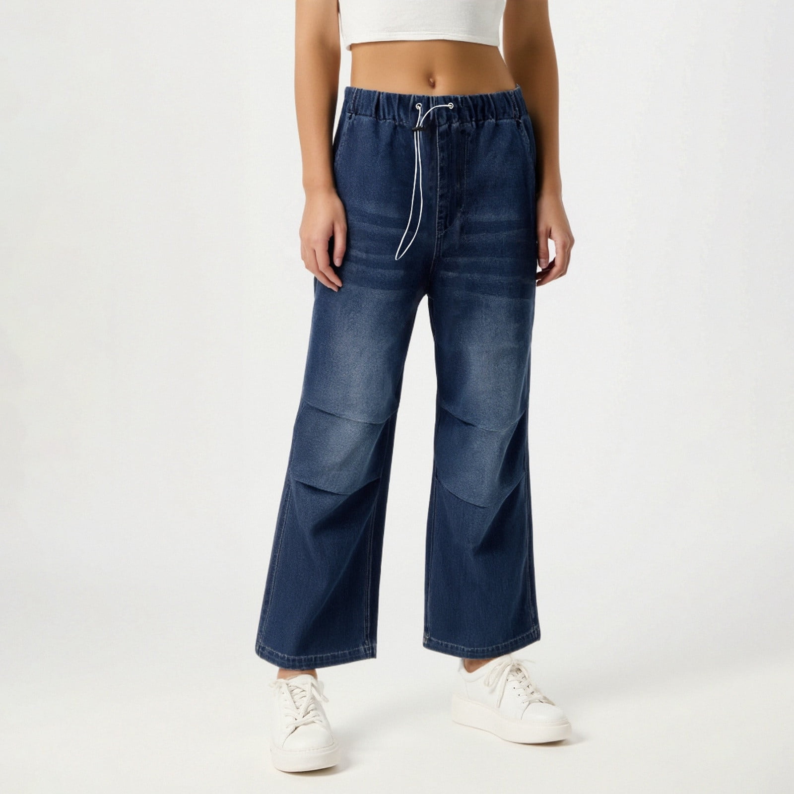 Women's Drawstring Straight Leg Jeans Elastic Mid Rise Wash Pleated ...