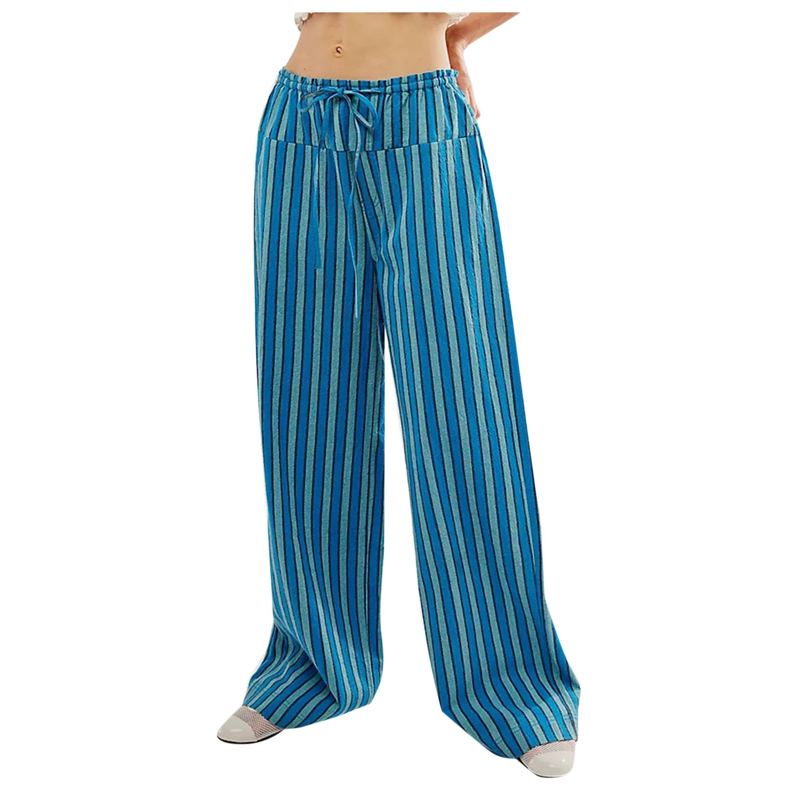 Women's Drawstring Striped Pants Loose Wide Leg Pants Comfortable Low ...