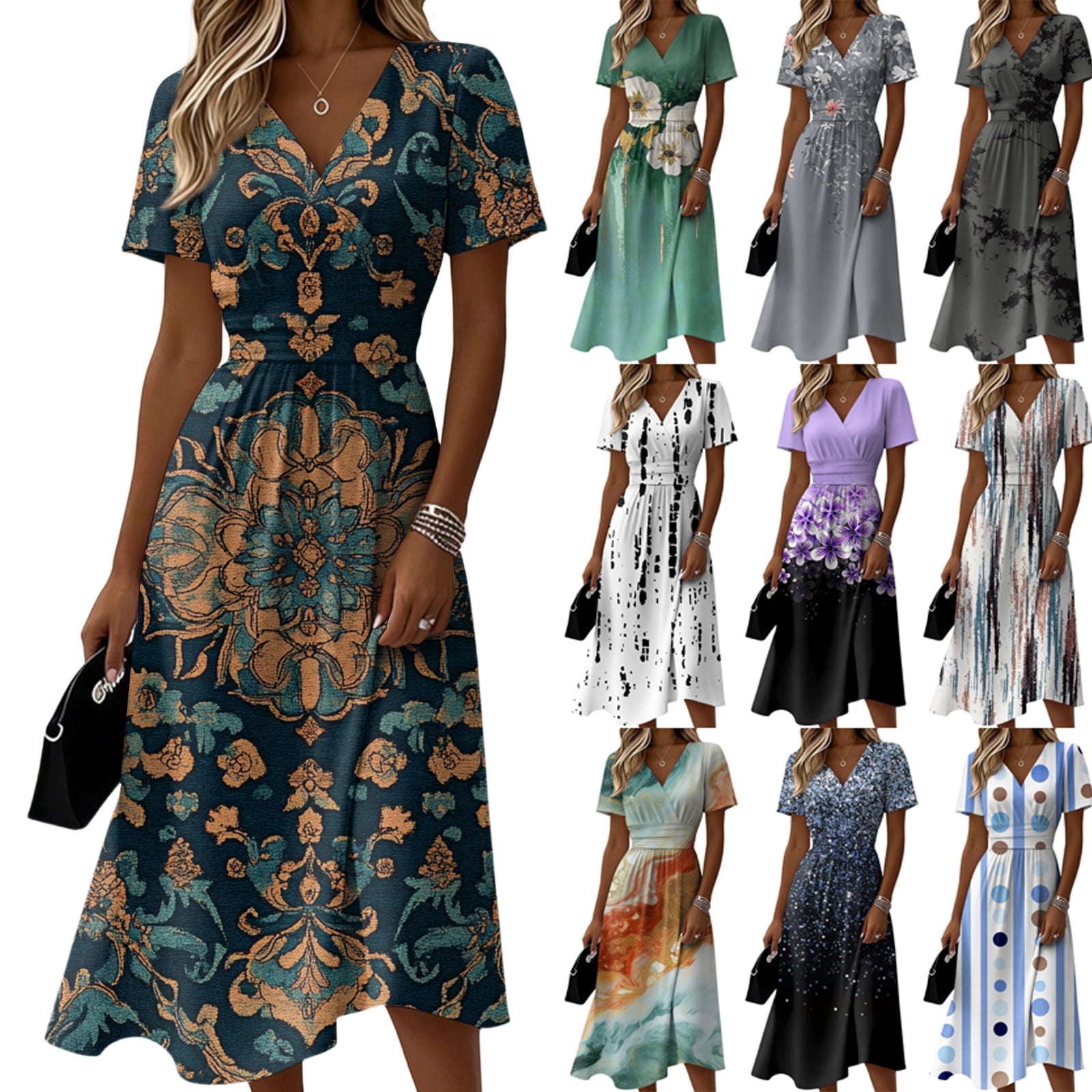 Women's Dress 2026 Elegant V Neck Short Sleeve Wrap High Waist Party ...