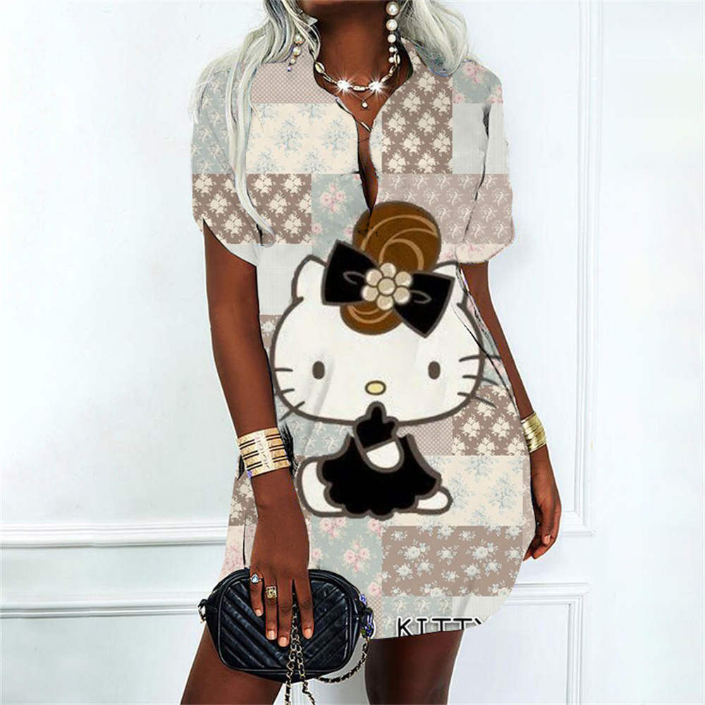 Women's Dress Cartoon Hello Kitty Fashion Polo Shirt Kawaii Clothes ...