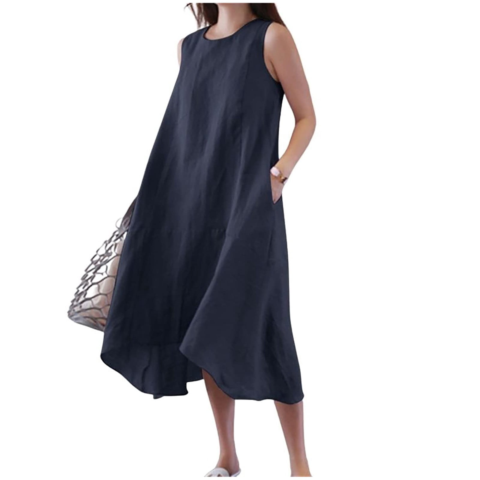 Women's Dress Round Neck Long Dress Sleeveless Loose Solid Color Long ...