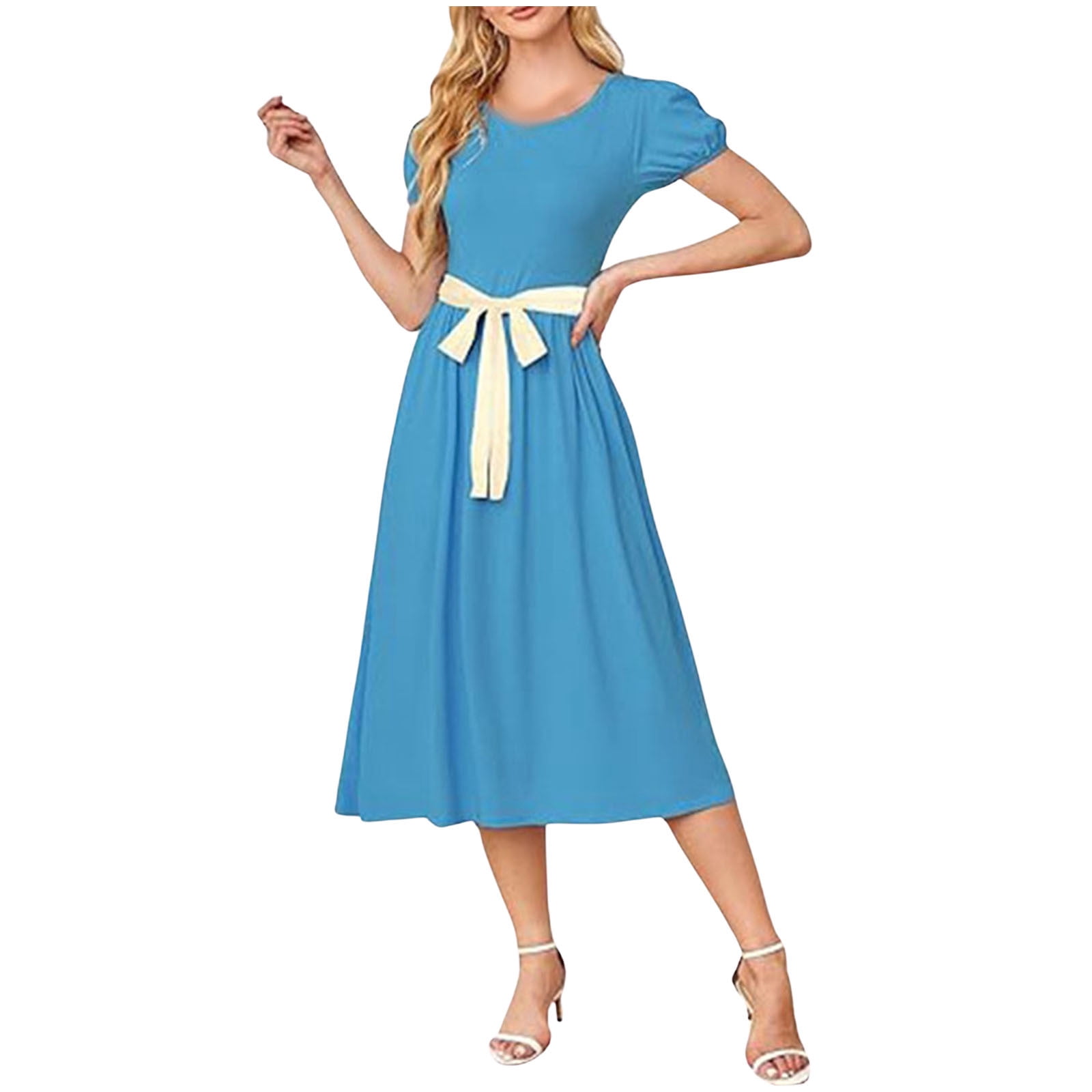 Women's Dress Round Neck Long Maxi Dress With Bow Belt Elegant For ...
