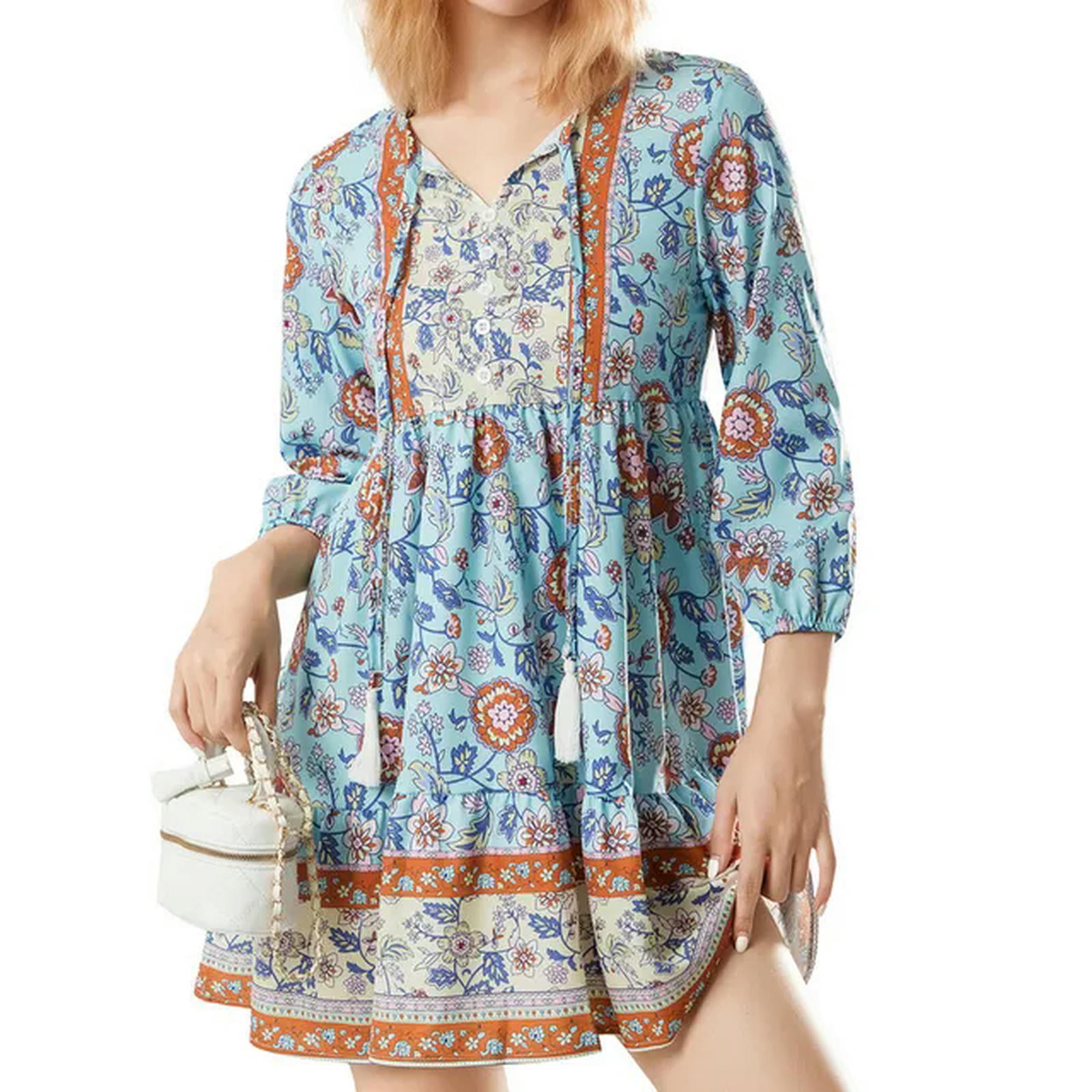 Women's Dresses Late Summer Outfits Floral 3/4 Balloon Sleeve V Neck ...