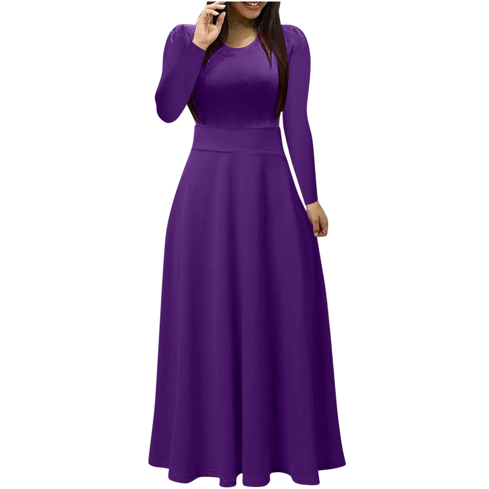 Women's Dresses Round Neck Smocked Dress Long Sleeve Maxi Dress Solid ...