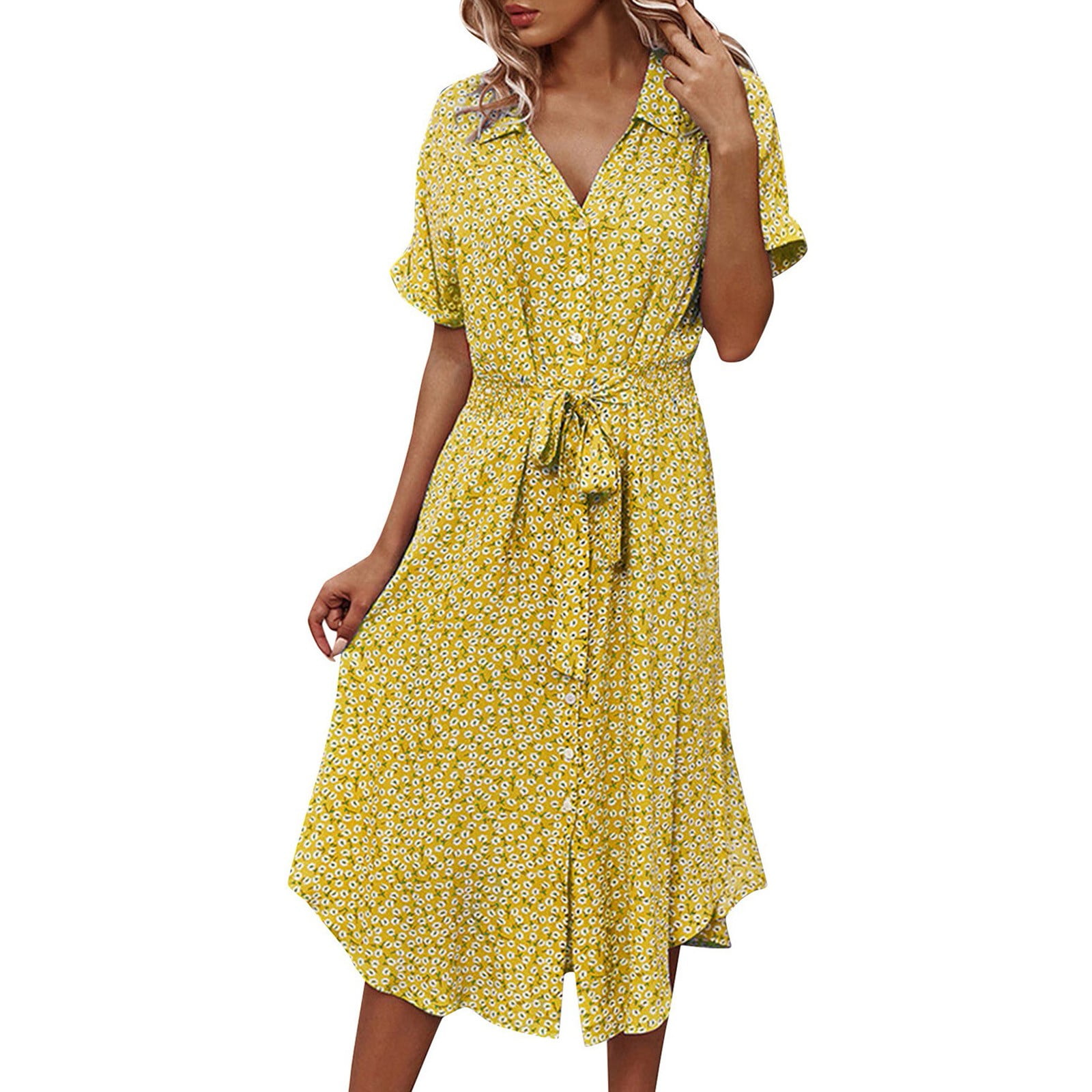 Women's Dresses Summer Boho Bohemian Casual Button Short Sleeve Floral ...