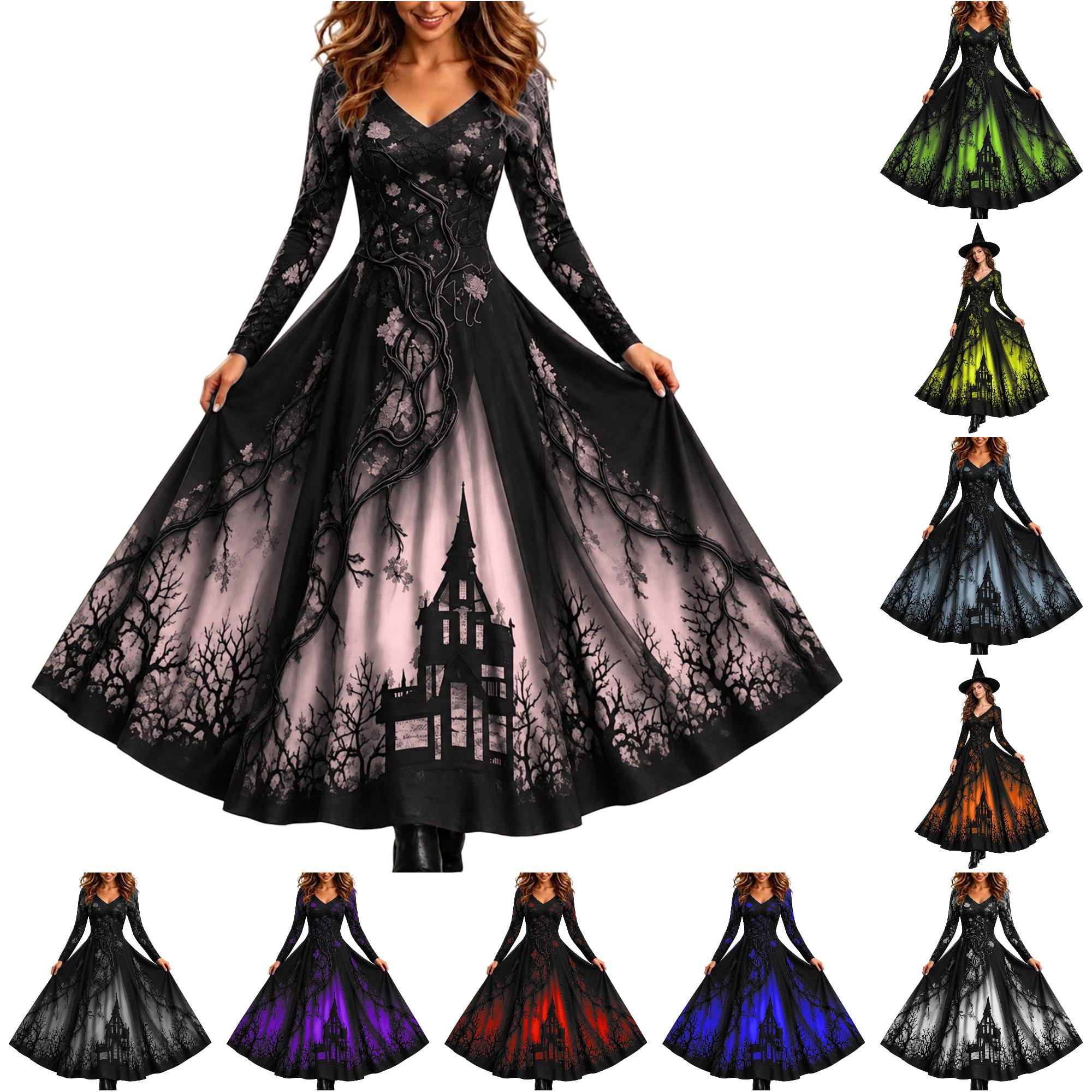 Women's Dresses – Witch Print Long Sleeve V Neck – Party Nights Evening ...