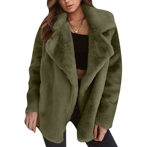 Women's Easy Front Open Faux Furs Lapel Collar Insulated Jackets Middle ...
