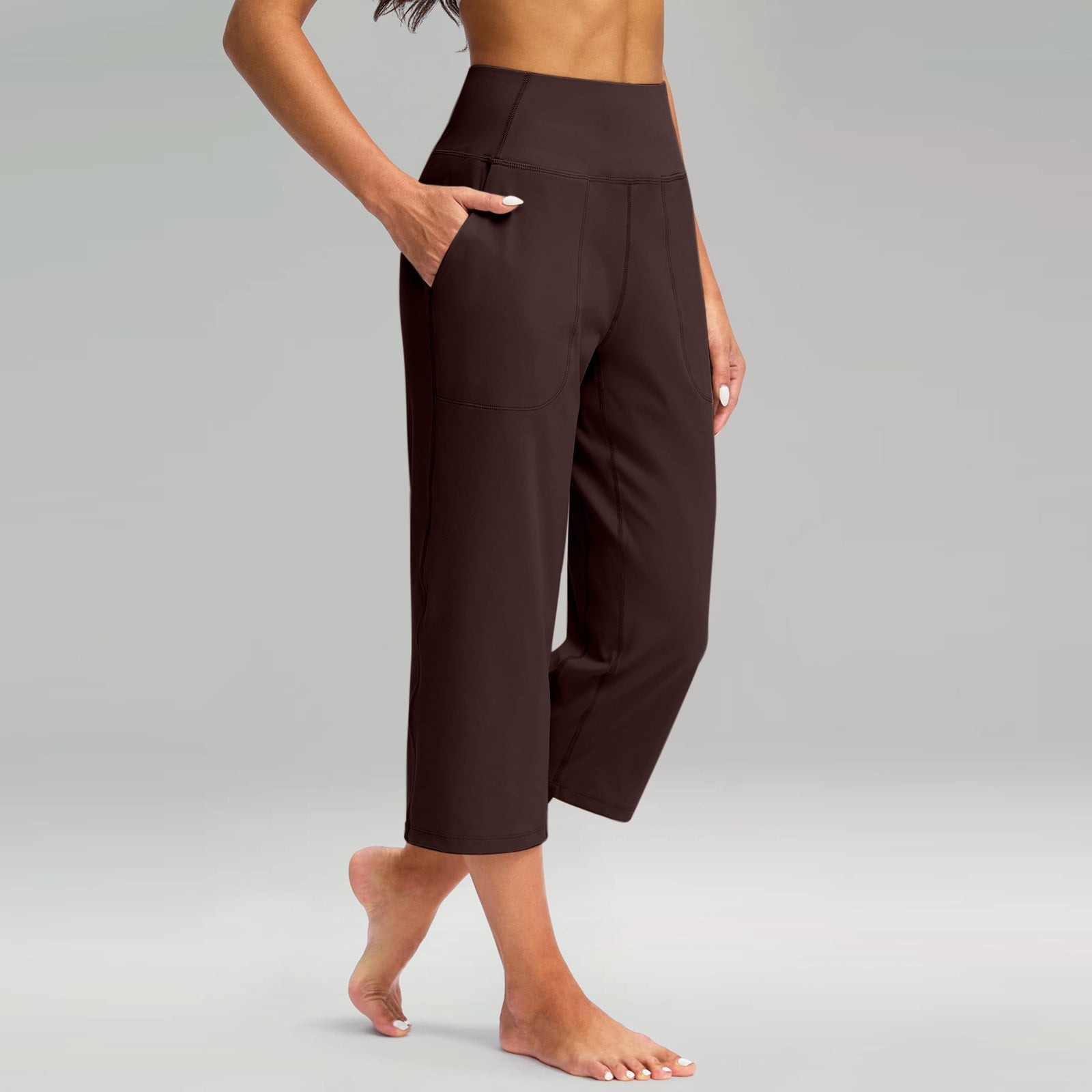 Women's Elastic High Waist Capris with Pockets, Polyester & Spandex ...