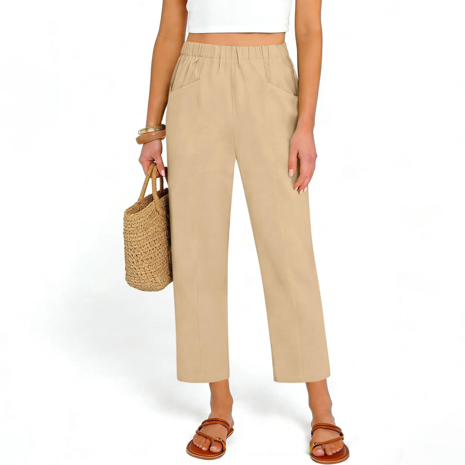 Women's Elastic Waist Ankle Length Straight Leg Pants Casual Pull On ...