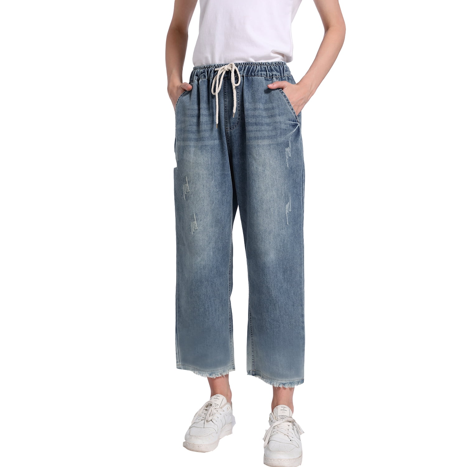 Bagilaanoe Womens Elastic Waist Pencil Stretch Denim Skinny Drawstring