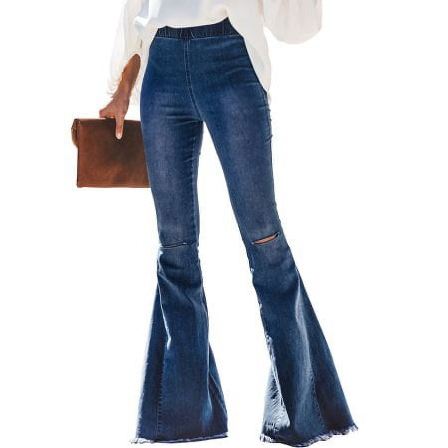 Women's Elastic Waist Destroyed Flare Long Bell Bottom Denim Jeans ...