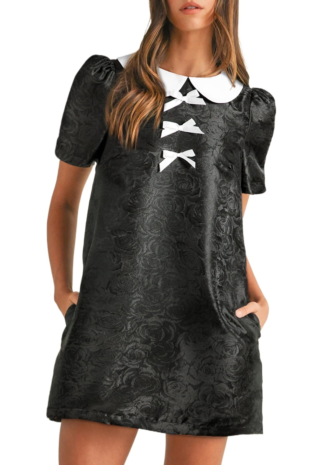 Women's Elegant Black Floral Embossed Puff Sleeve Mini Dress with Bow ...