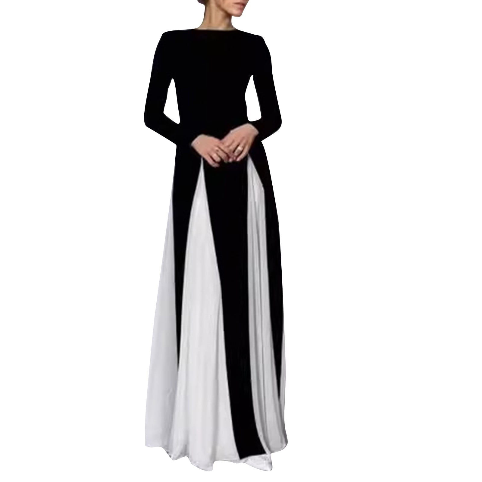Women's Elegant Black White Patchwork Maxi Dress - Retro Long Sleeve ...