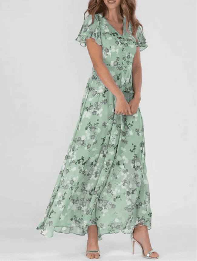 Women's Elegant Boho Floral Chiffon Maxi Dress Casual Summer V Neck ...