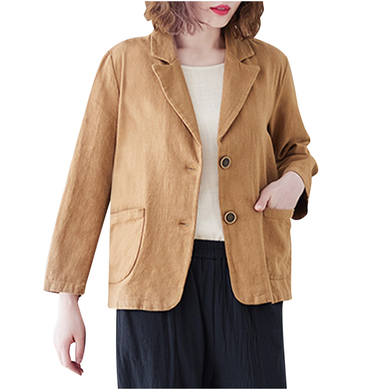 Women's Elegant Cotton Linen Blazer Long Sleeves Regular Fit Basic ...