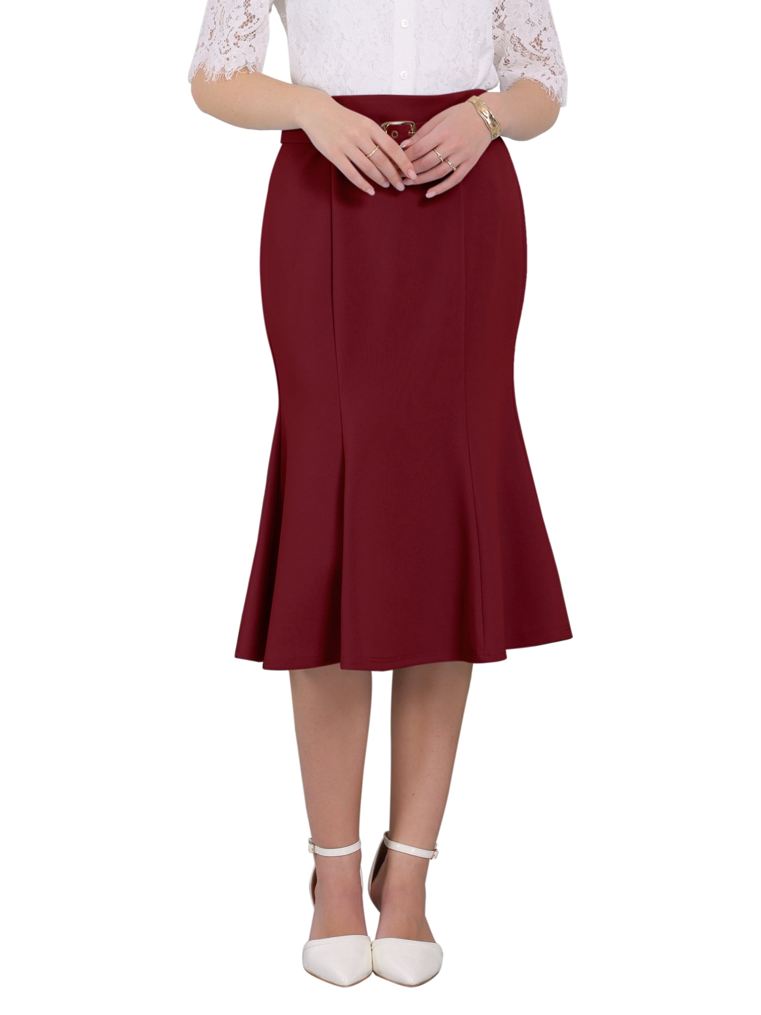 INSPIRE CHIC Women's Elegant Fishtail Skirt High Waist Belted Work Midi ...