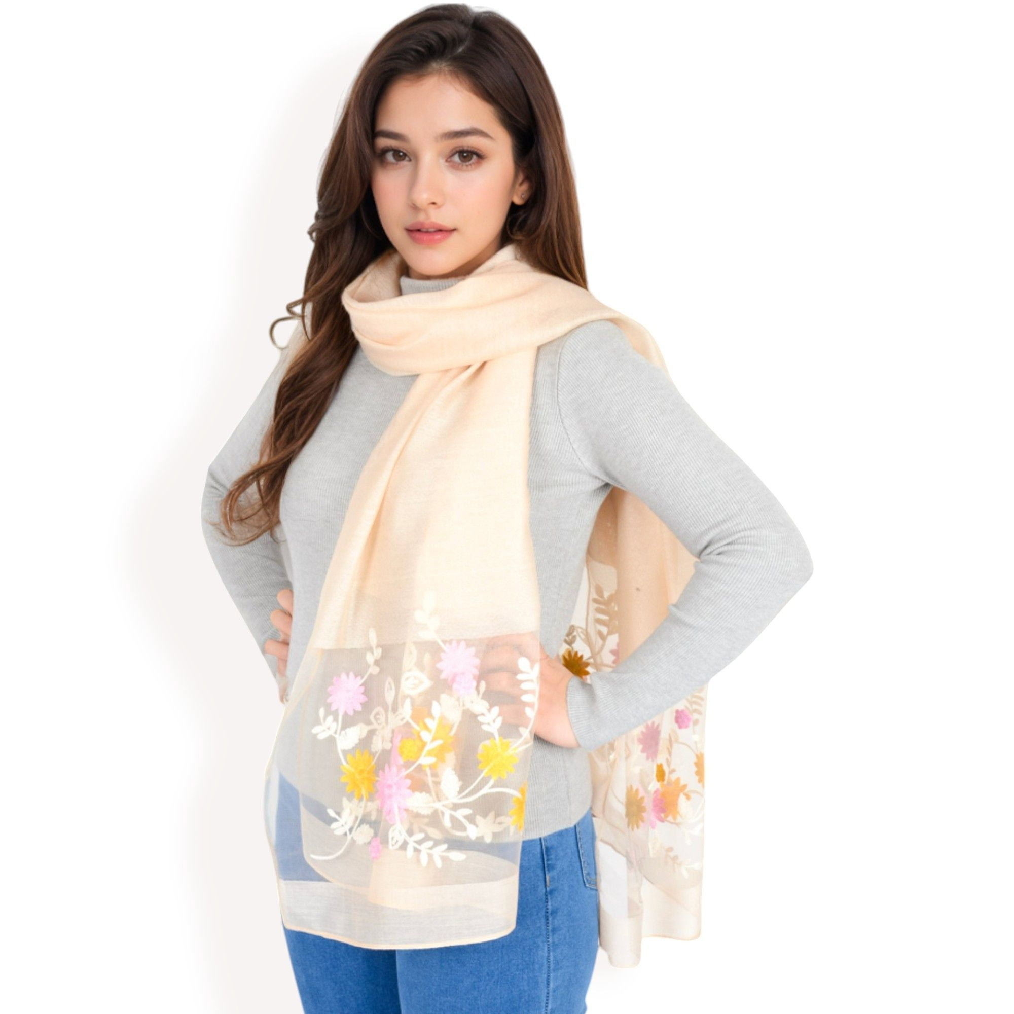 Women's Elegant Floral Embroidered Sheer Scarf with Lightweight ...