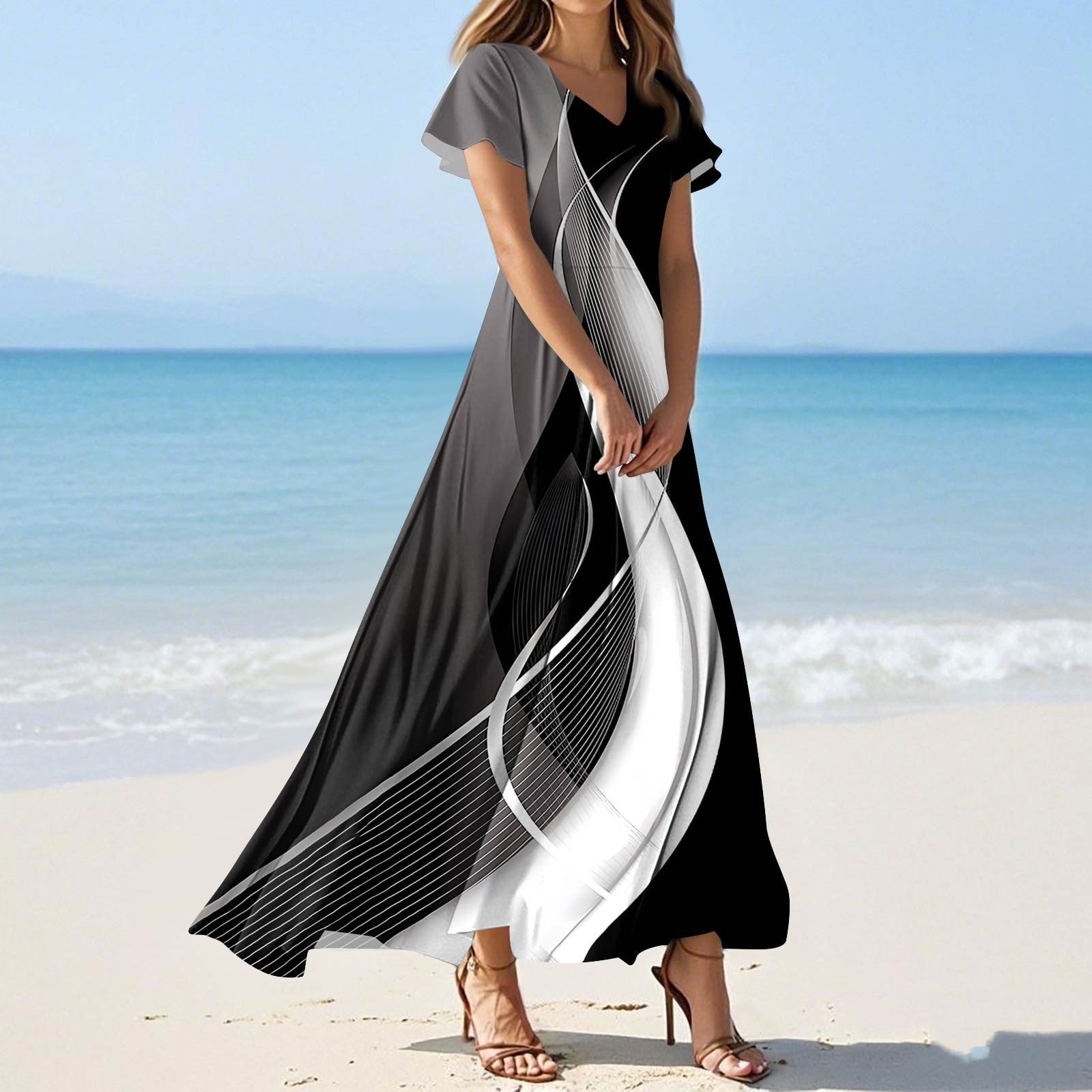 Women's Elegant Flutter Sleeve Dress Floral Chiffon Maxi Dress Flowy ...