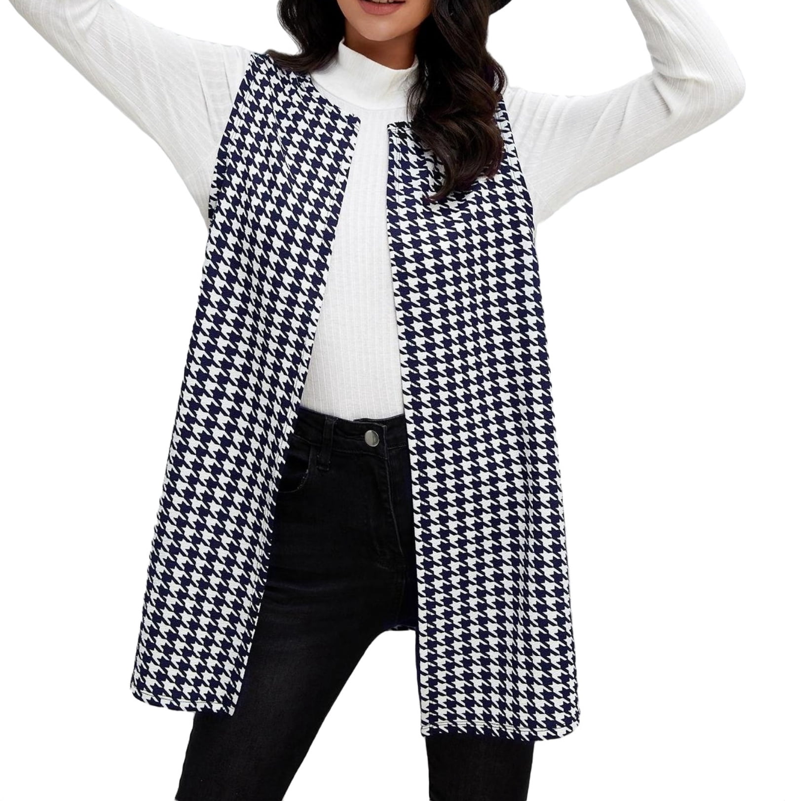Women's Elegant Houndstooth vest Blue and White Sleeveless Coats XS (2 ...