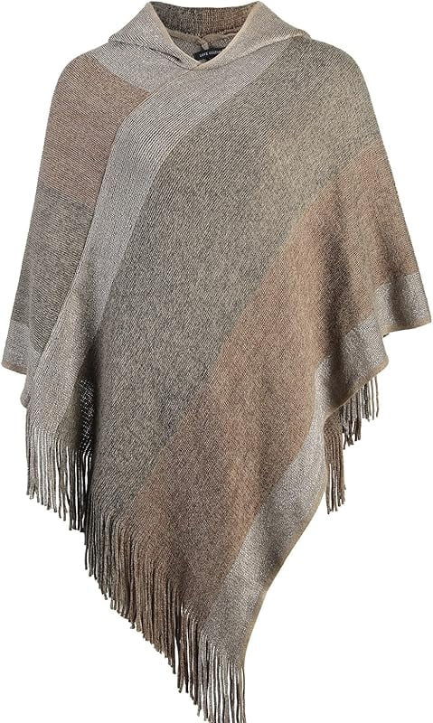 Women's Elegant Knitted Shawl Poncho with Fringed V-Neck Striped ...