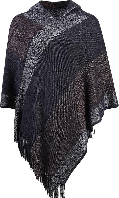 Women's Elegant Knitted Shawl Poncho with Fringed V-Neck Striped ...