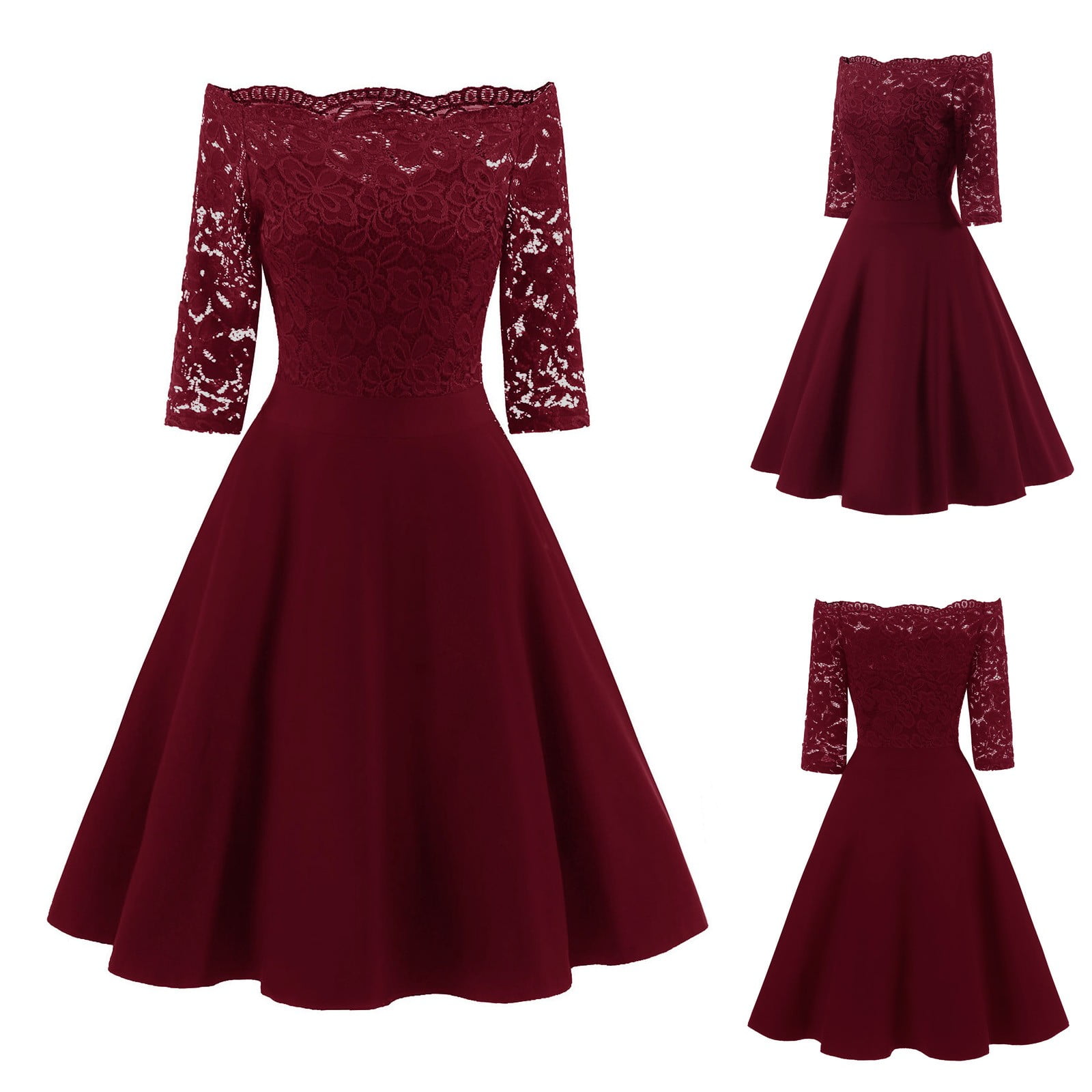 Women's Elegant Lace Dress Half Sleeve Off Shoulder Wedding Party Knee ...