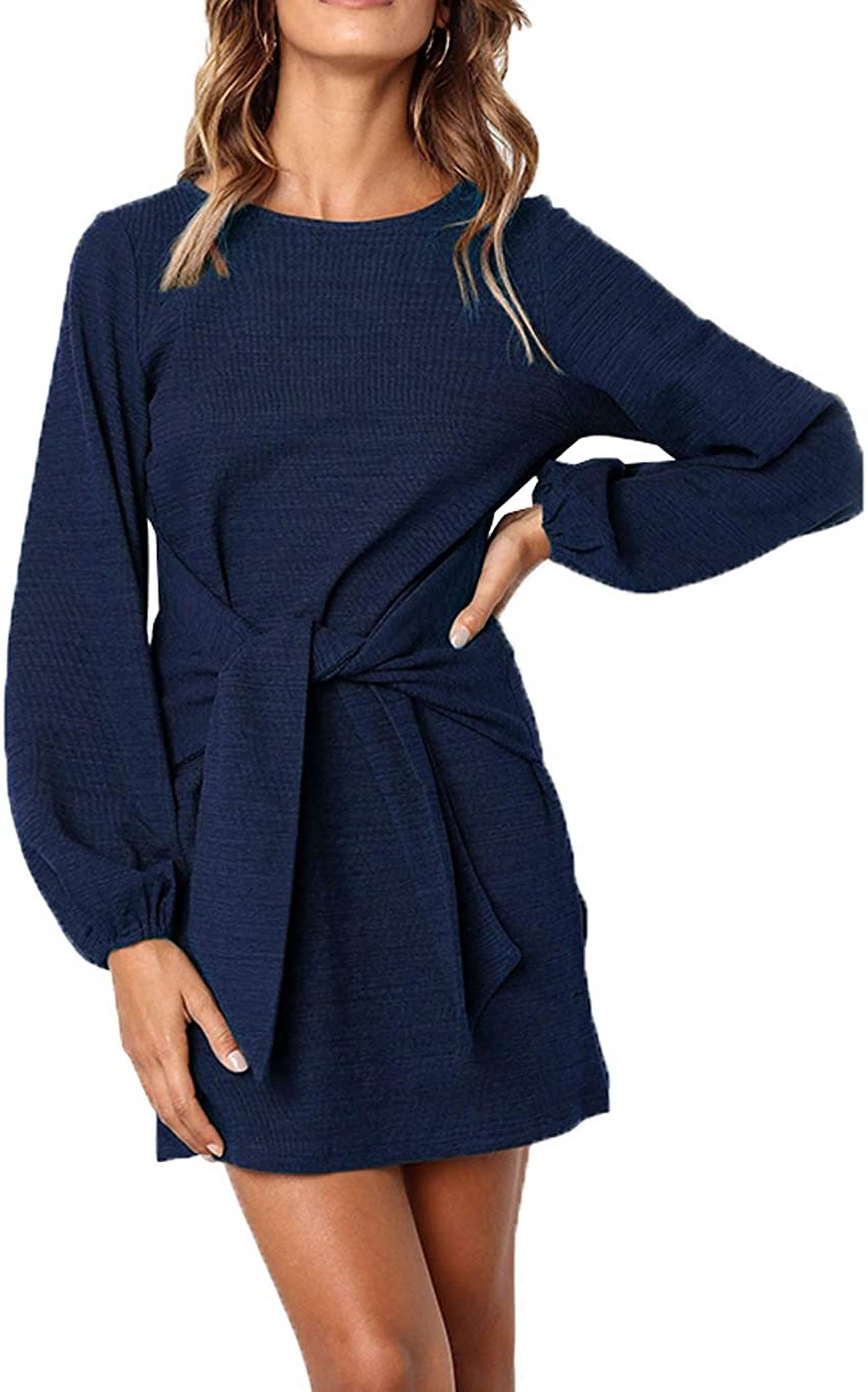 Women’s Elegant Long Lantern Sleeve Short Dress Crewneck Tie Waist Knit ...