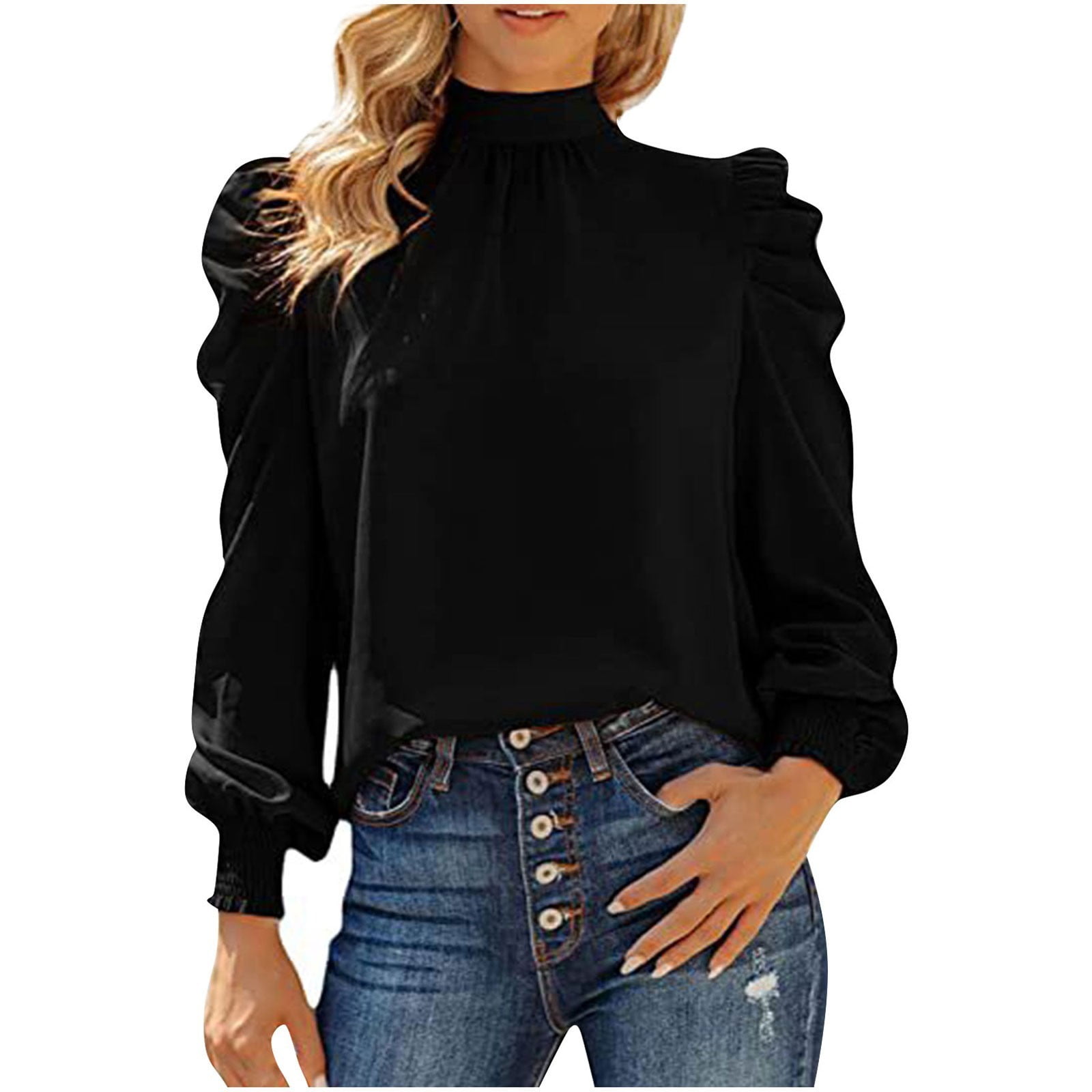 Women's Elegant Long Sleeve Blouse, Casual Loose Fit High Neck Ruffle ...