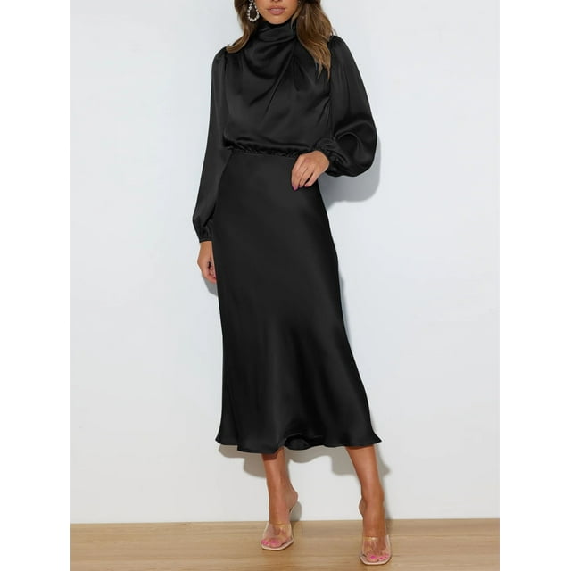 Womens Elegant Long Sleeve Satin Dress Mock Neck Elastic Waist