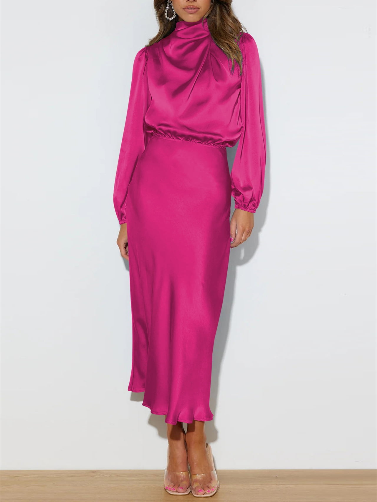 Women's Elegant Long Sleeve Satin Dress Mock Neck Elastic Waist ...