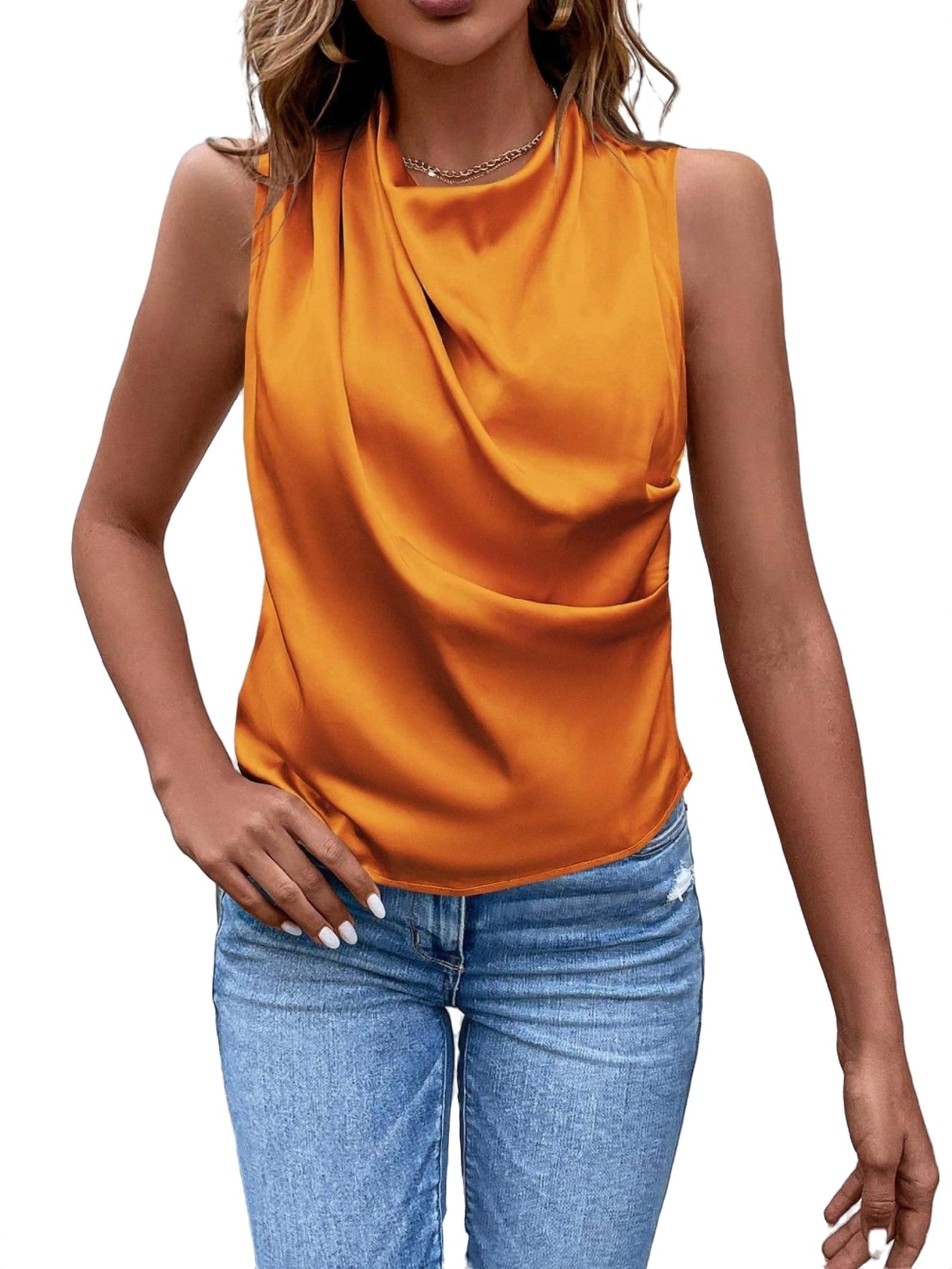 Women's Elegant Plain Cowl Neck Top Sleeveless Burnt Orange Blouses S ...