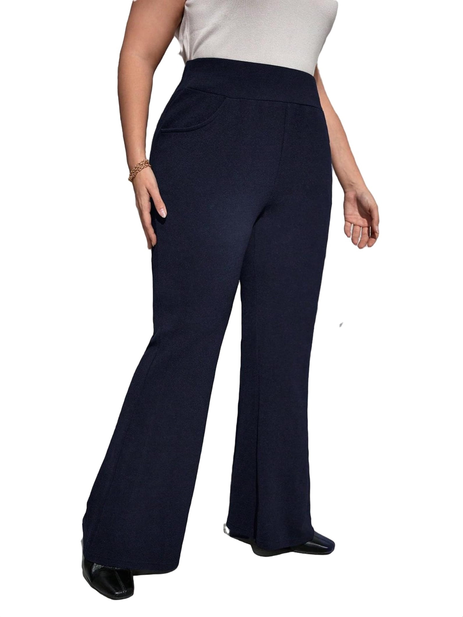 Women's Elegant Plain Flare Leg Navy Blue Extra Long Plus Size Pants ...