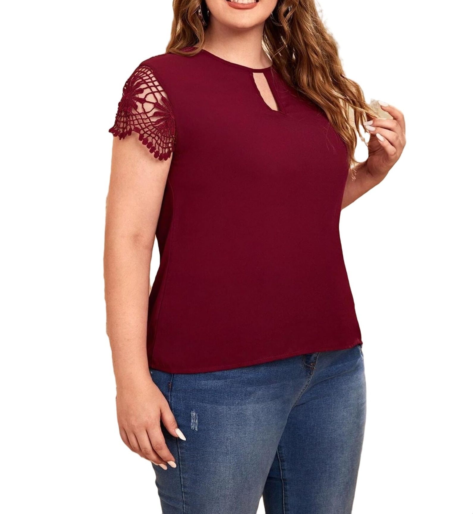Women's Elegant Plain Keyhole Neckline Sleeveless Burgundy Plus Size ...