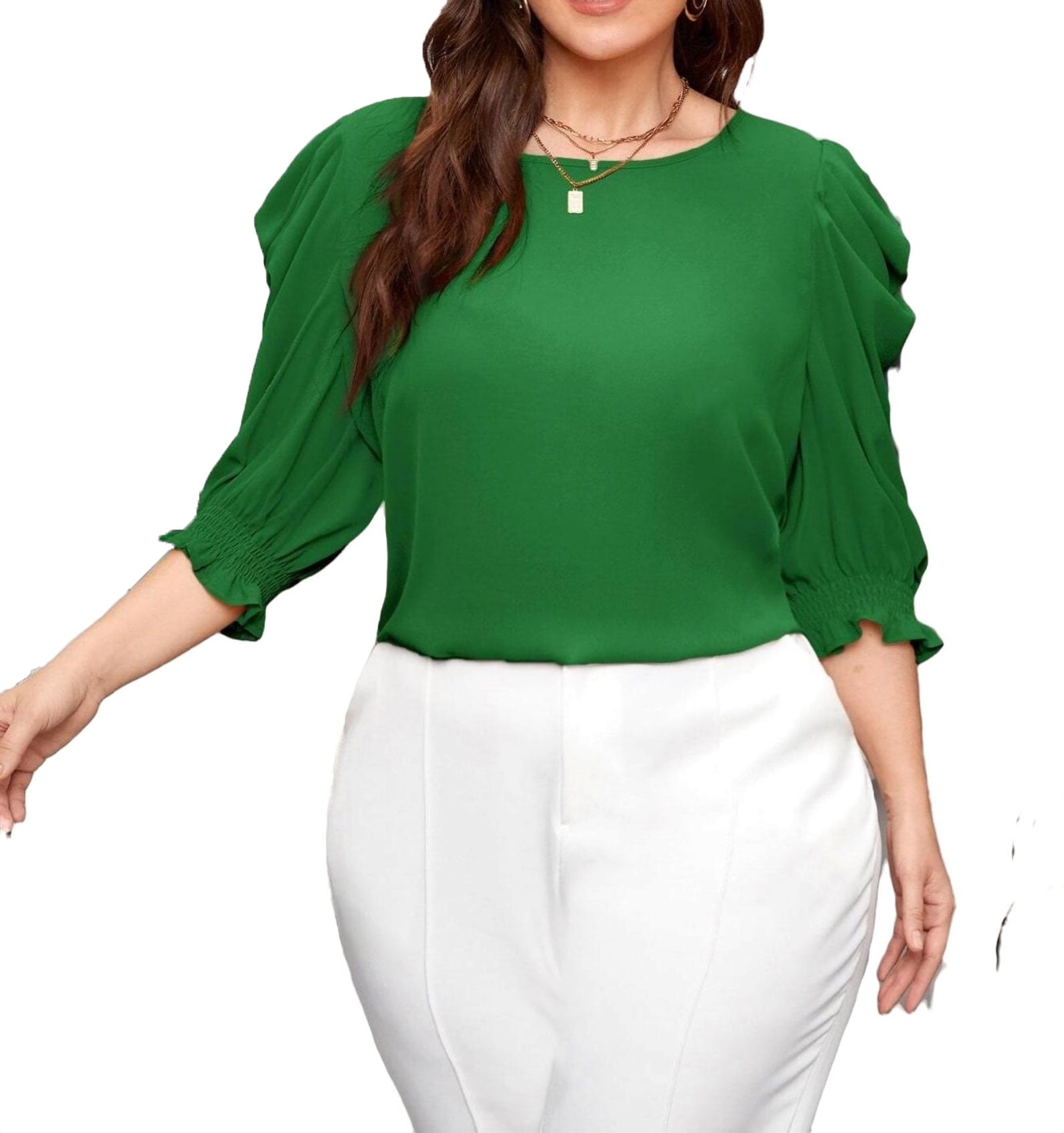 Women's Elegant Plain Round Neck 3/4 Sleeve Green Plus Size Blouses 0XL ...