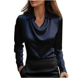 Women's Elegant Satin Blouse Cowl Neck Long Sleeve Lapel Collar Shirt ...