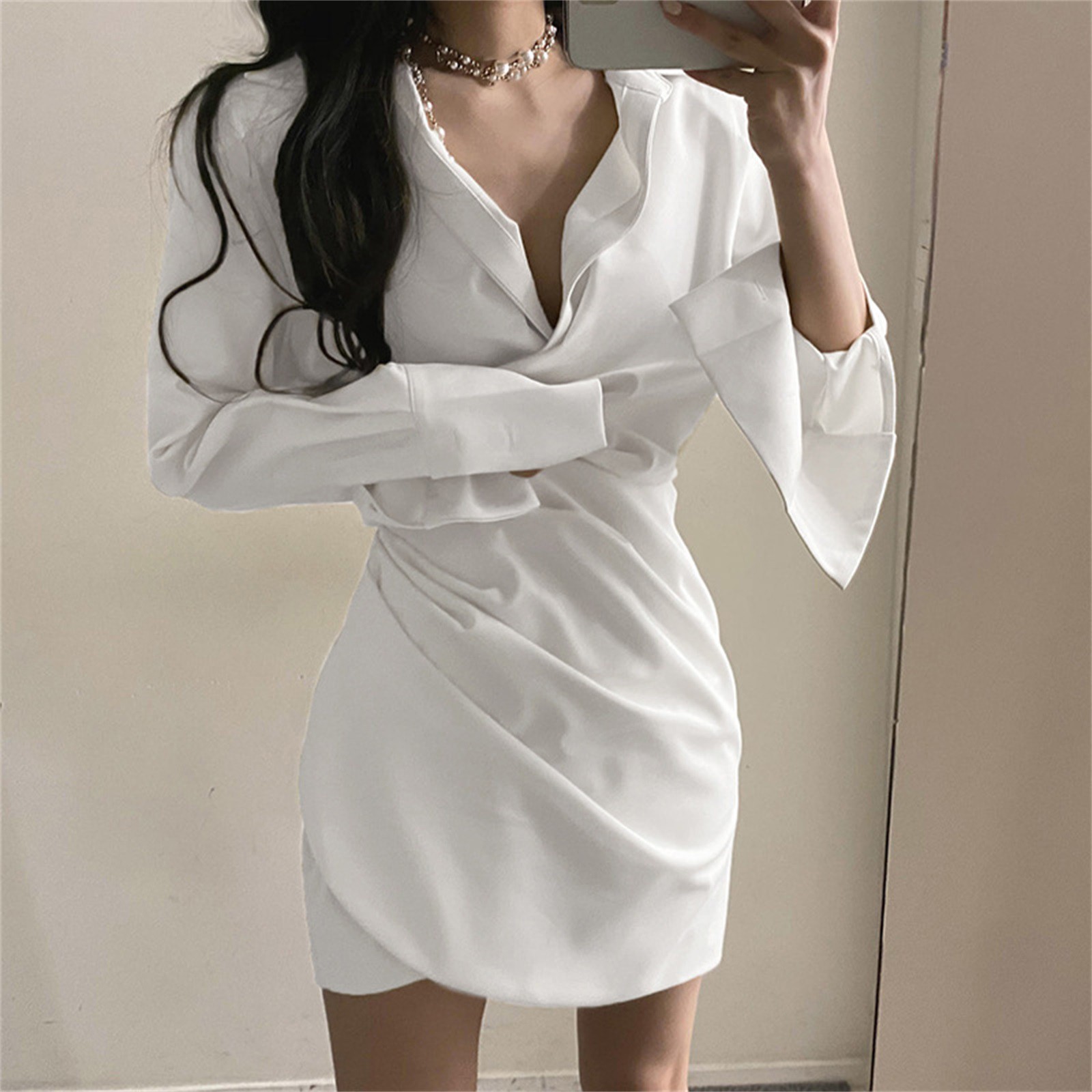 Women's Elegant Solid Color Ascetic Style Twisted Sexy V Shirt Dress ...