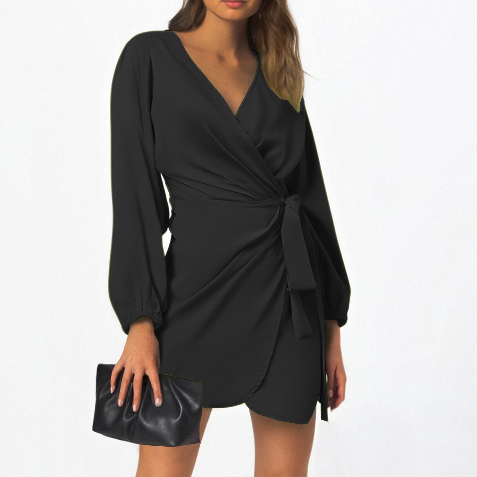 Women's Elegant V Neck Satin Dress with Waist and Low Cut Girls Scarf ...
